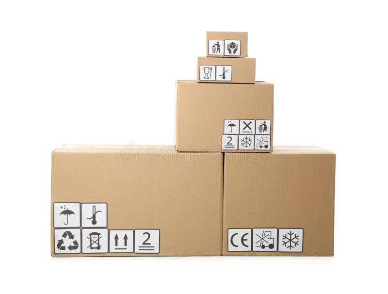 Stack of Cardboard Boxes with Packaging Symbols on White Background ...
