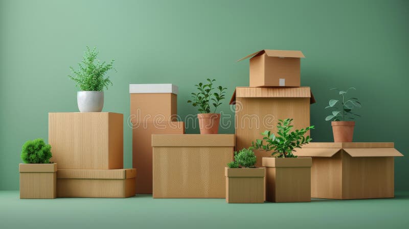 A Stack of Cardboard Boxes with a Green Background Stock Image - Image ...