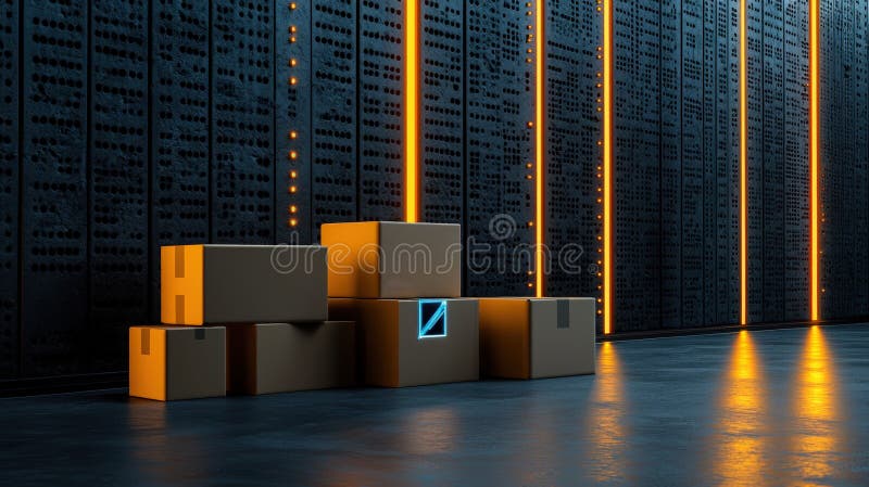 A Stack of Cardboard Boxes Illuminated by Orange Light Against a Data ...