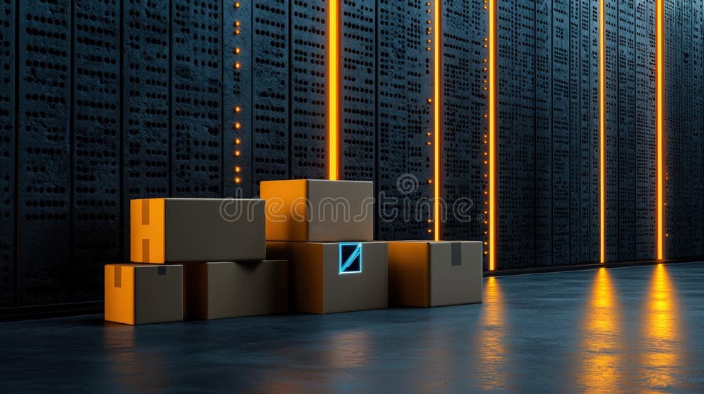 A Stack of Cardboard Boxes Illuminated by Orange Light Against a Data ...
