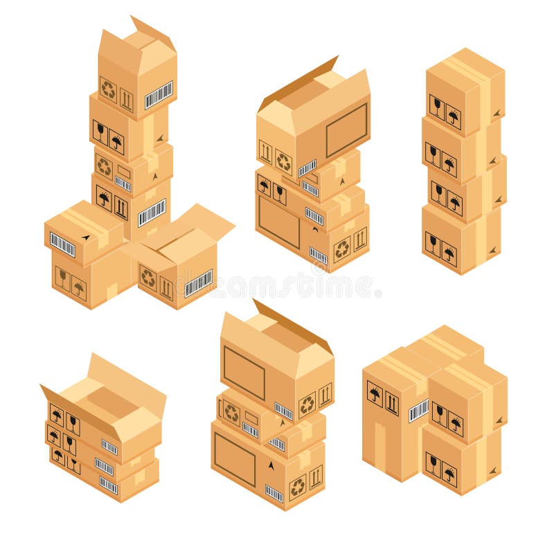 Stack of Cardboard Boxes Isolated on White Background. Stock Vector - Illustration of crate ...