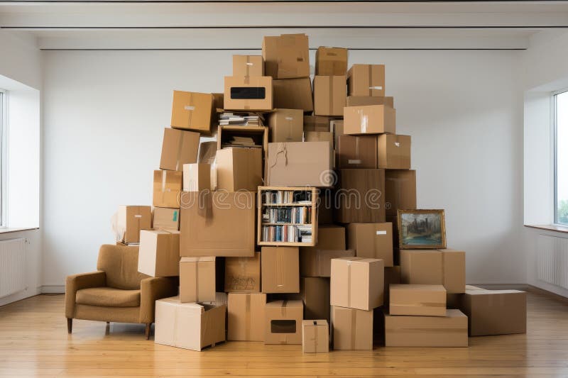 Stack Cardboard Boxes at Living Room. Moving To a New House Stock Photo ...