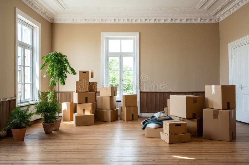 Stack Cardboard Boxes at Living Room. Moving To a New House Stock Photo ...