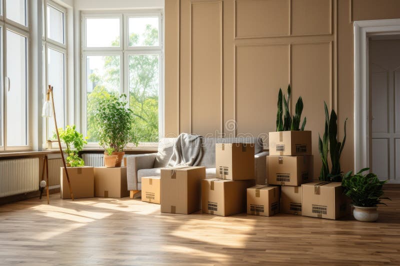 Stack Cardboard Boxes at Living Room. Moving To a New House Stock Image ...
