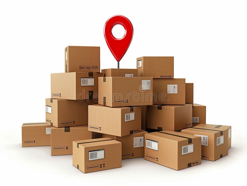 Stack of Cardboard Boxes with Location Pin Stock Image - Image of cargo ...