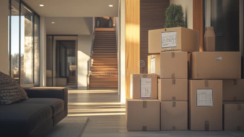 Stack of Cardboard Boxes in Modern Home Entrance Stock Illustration ...