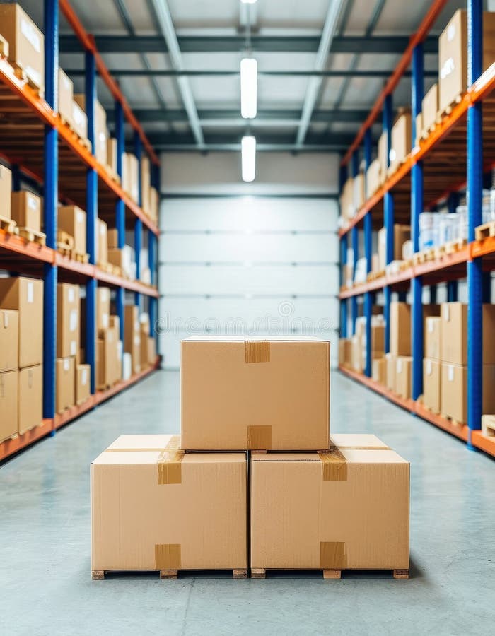 Stack of Cardboard Boxes in a Modern Warehouse with Organized Shelving ...