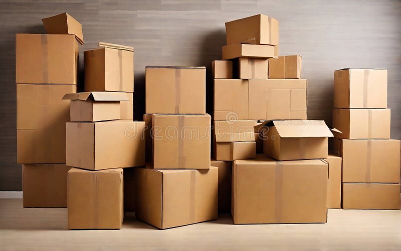 Stack of Cardboard Boxes Moving Concept. Cardboard Boxes and Cleaning ...