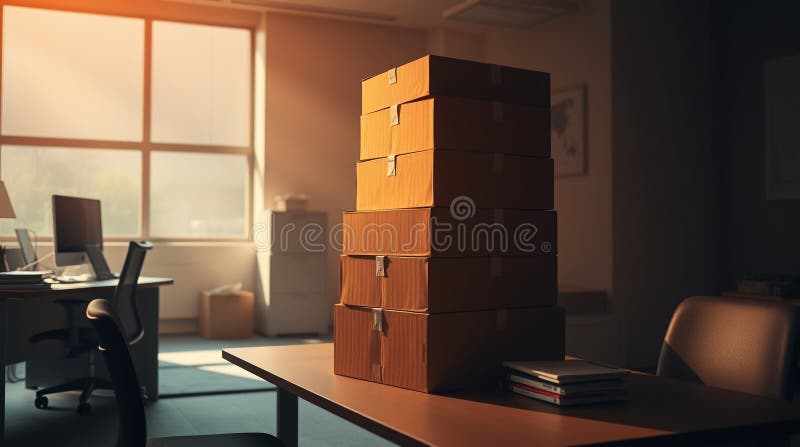 Stack of Cardboard Boxes on Office Desk, Bathed in Sunlight Streaming ...