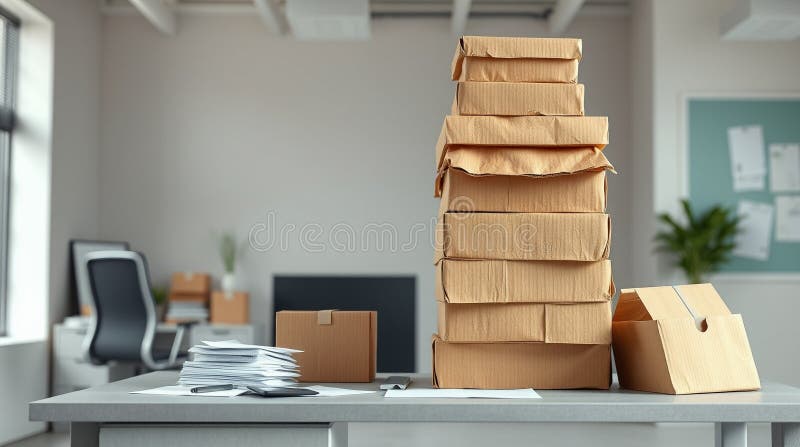 Stack of Cardboard Boxes on Office Desk. Papers and Small Box Also ...