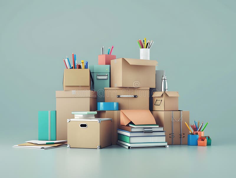 Stack of Cardboard Boxes with Office Supplies in High Resolution Stock ...