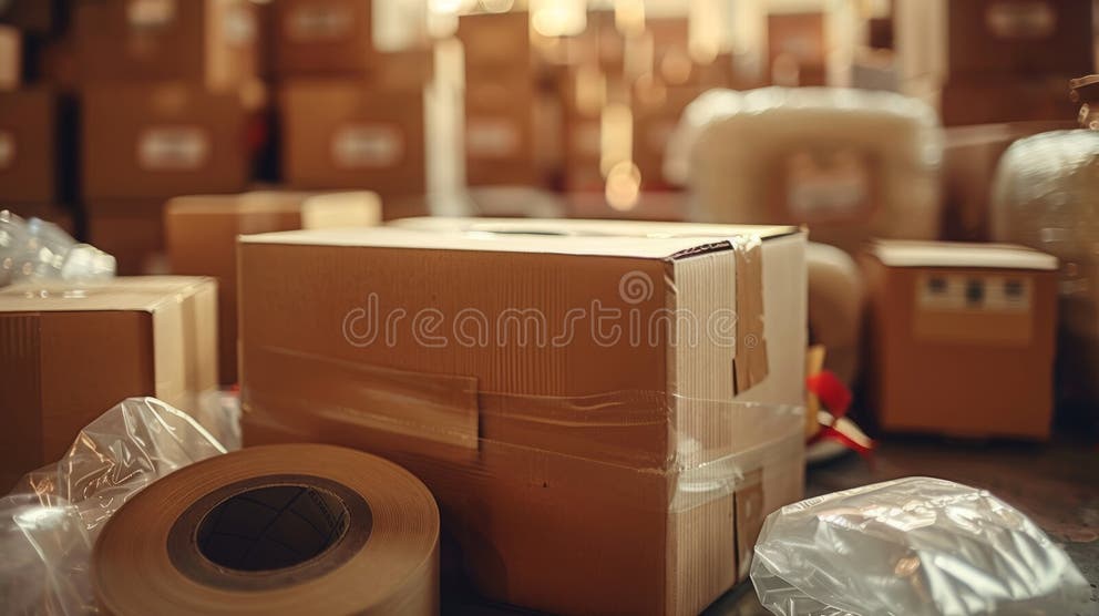 Stack of Cardboard Boxes and Packing Materials in a Storage Room. Stock ...