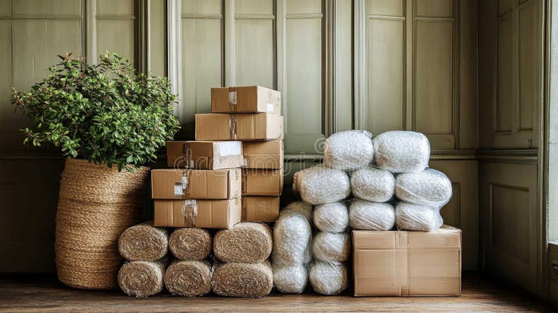Stack of Cardboard Boxes and Packing Supplies Against Green Wall Stock ...