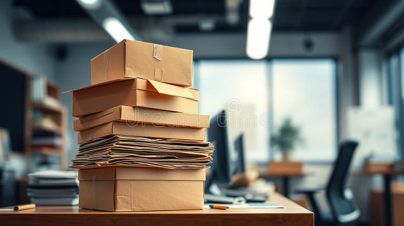 Stack of Cardboard Boxes and Papers on an Office Desk. Ready for Moving ...