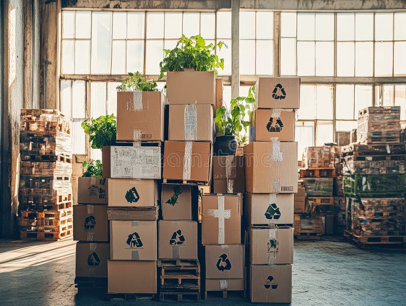 Stack of Cardboard Boxes with a Plant in the Middle Stock Image - Image ...