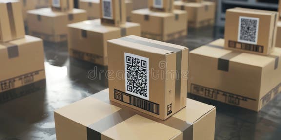 Stack of Cardboard Boxes with QR Code. Created by Generative Artificial ...