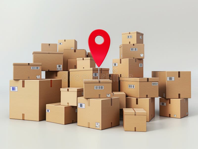 Stack of Cardboard Boxes with Red Location Pin Stock Image - Image of ...