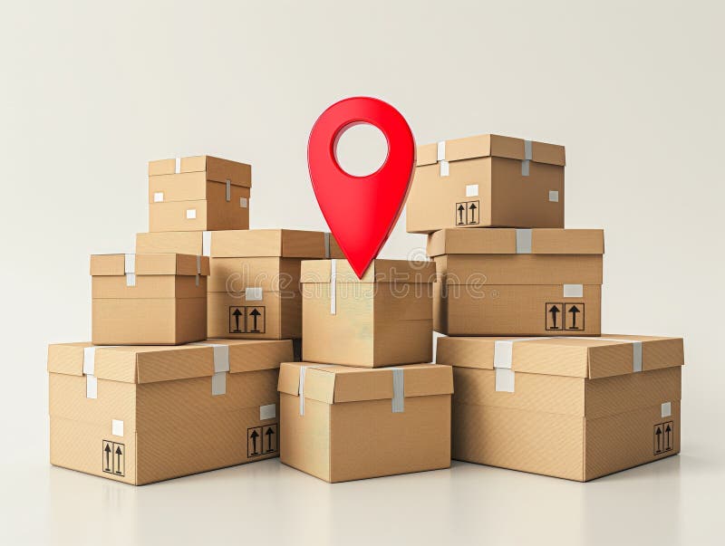 Stack of Cardboard Boxes with Red Location Pin Stock Image - Image of ...
