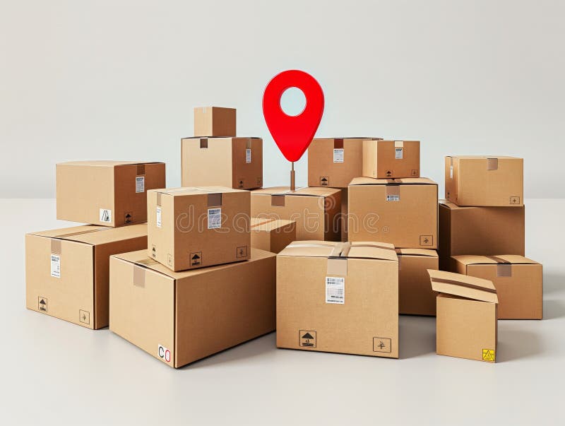 Stack of Cardboard Boxes with Red Location Pin Stock Photo - Image of ...