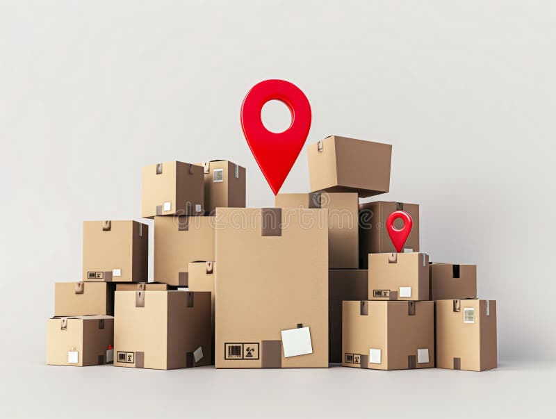 Stack of Cardboard Boxes with Red Location Pins Stock Photo - Image of ...