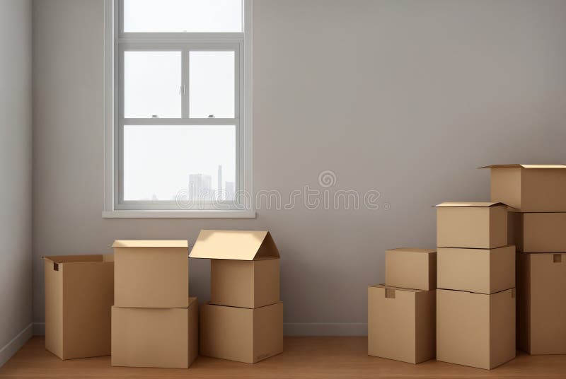 A Stack of Cardboard Boxes in a Room, a Lot of Objects at the Window ...