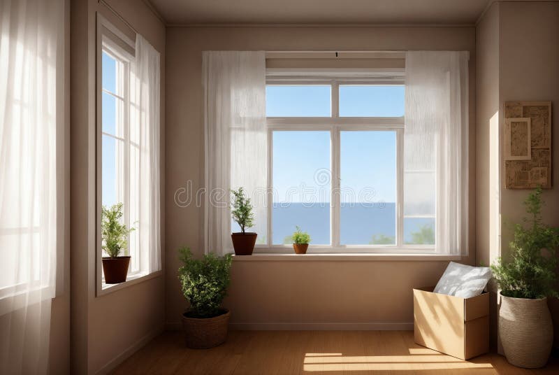 A Stack of Cardboard Boxes in a Room, a Lot of Objects at the Window ...