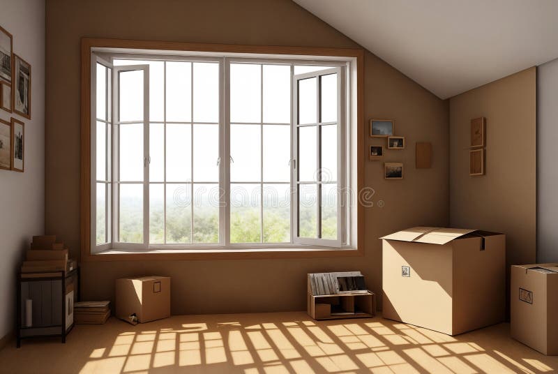 A Stack of Cardboard Boxes in a Room, a Lot of Objects at the Window ...