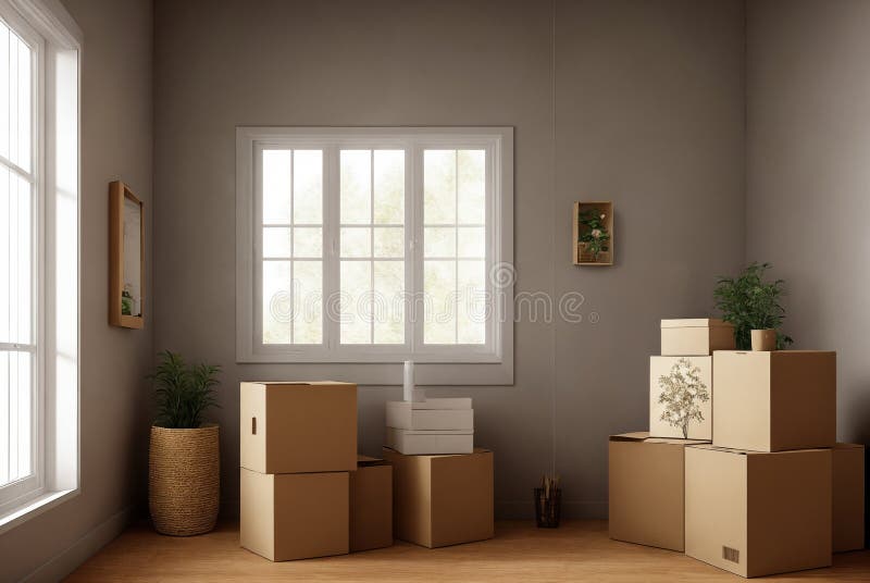 A Stack of Cardboard Boxes in a Room, a Lot of Objects at the Window ...
