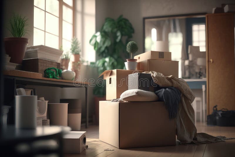 Stack of Cardboard Boxes in Room. Packed Things Ready for Moving in or ...