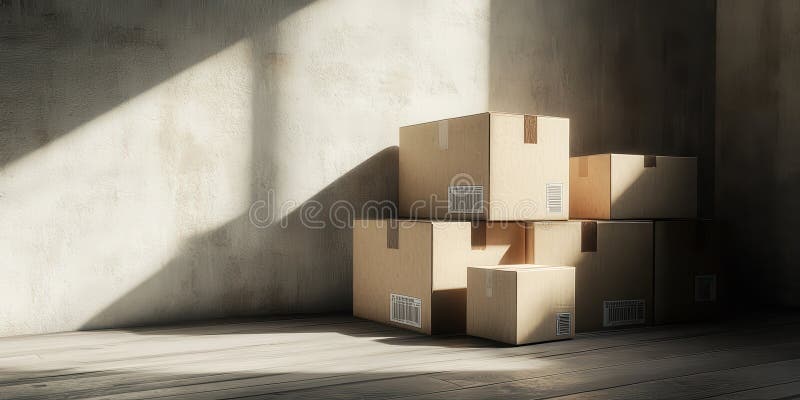 Stack of Cardboard Boxes in a Room with Sunlight Stock Illustration ...