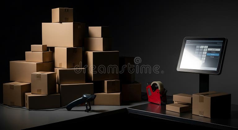 Stack of Cardboard Boxes with Scanner and Pos System for Shipping Stock ...