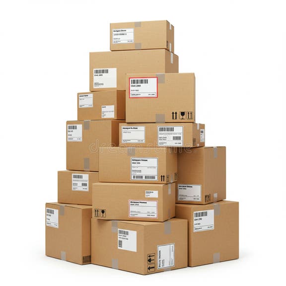Stack of Cardboard Boxes with Shipping Labels, Arranged in a Pyramid ...