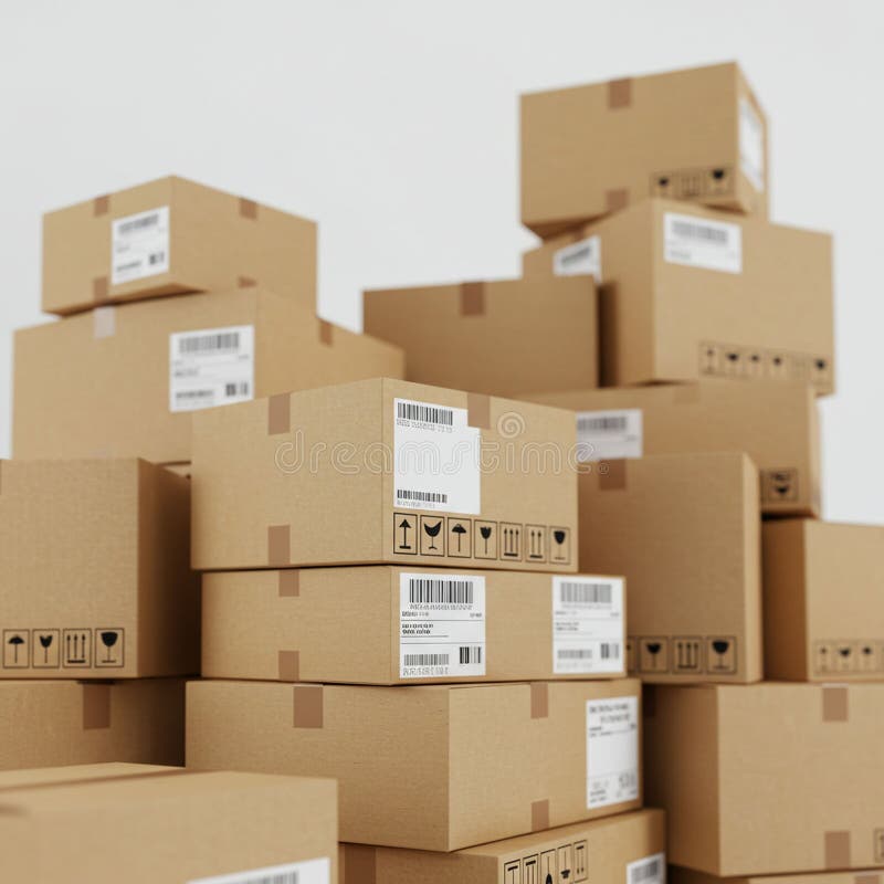 Stack of Cardboard Boxes with Shipping Labels and Handling Symbols ...