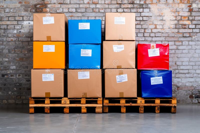A Stack of Cardboard Boxes Sitting on a Wooden Pallet in Front of a ...