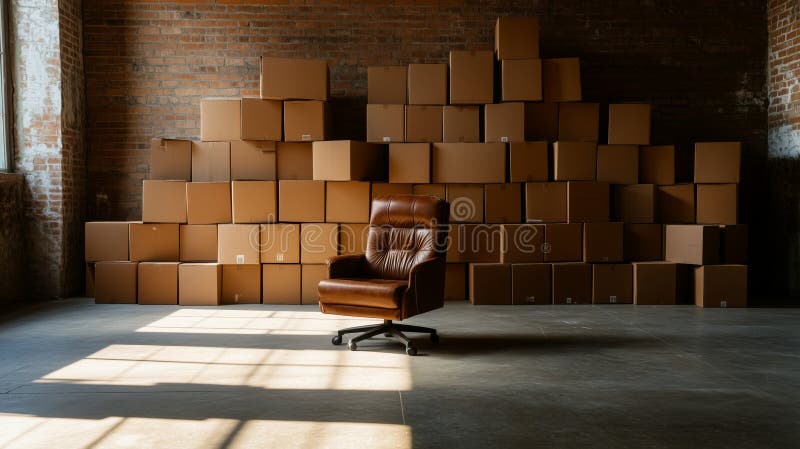 Stack of Cardboard Boxes with Stuff and Office Chair Stock Photo ...