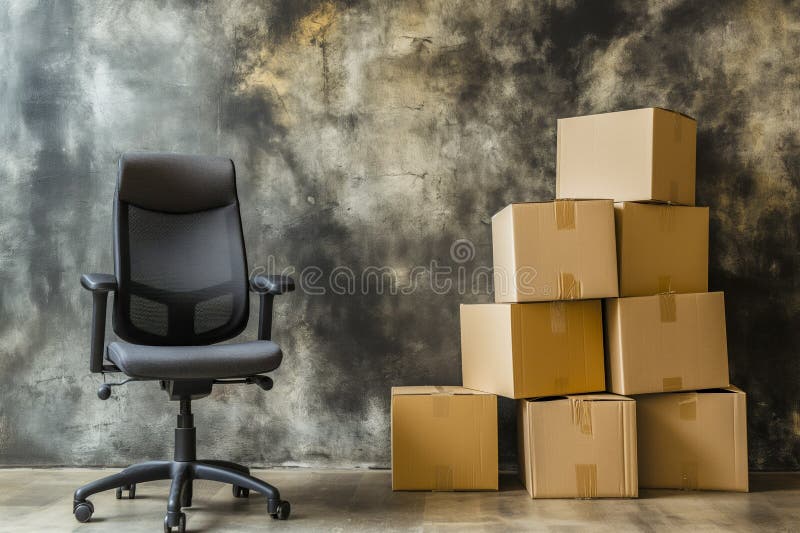 Stack of Cardboard Boxes with Stuff and Office Chair in Empty Office ...