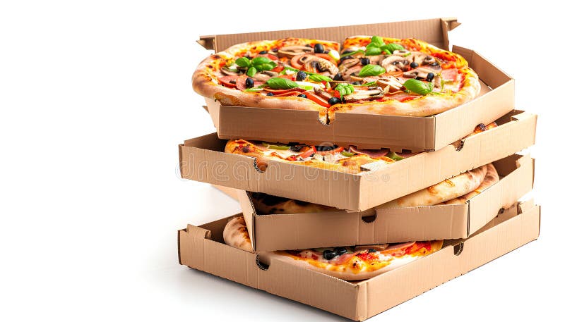 Stack of Cardboard Boxes with Tasty Pizza Isolated on White Background ...