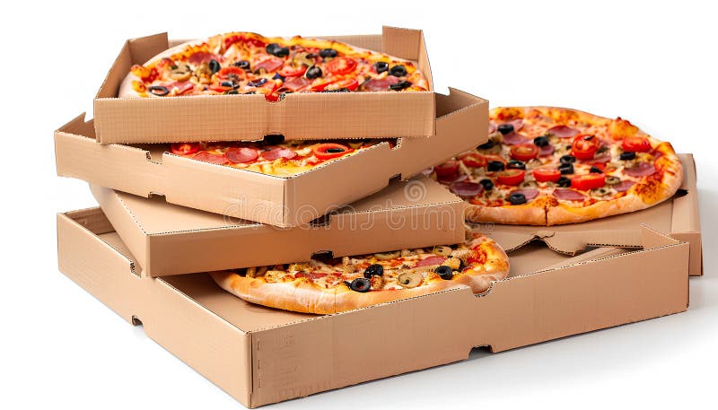 Stack of Cardboard Boxes with Tasty Pizza Isolated on White Background ...