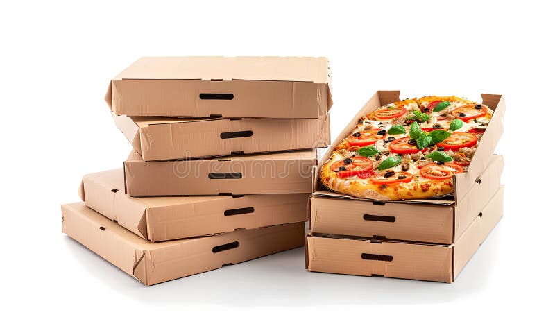 Stack of Cardboard Boxes with Tasty Pizza Isolated on White Background ...