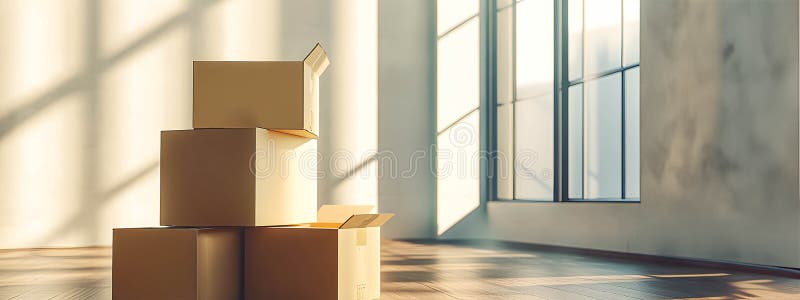 A Stack of Cardboard Boxes with Things To Move in a Bright Empty Room ...