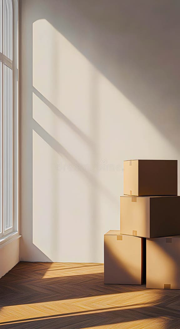 A Stack of Cardboard Boxes with Things To Move in a Bright Empty Room ...