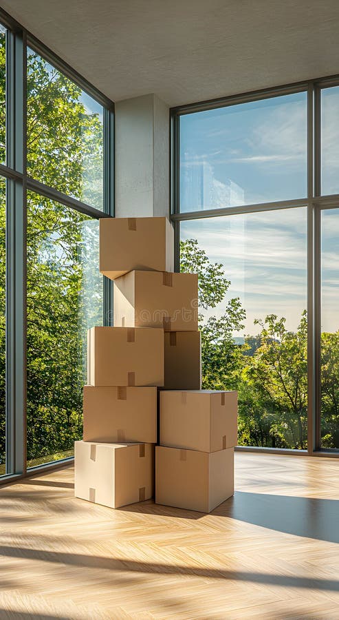 A Stack of Cardboard Boxes with Things To Move in a Bright Empty Room ...