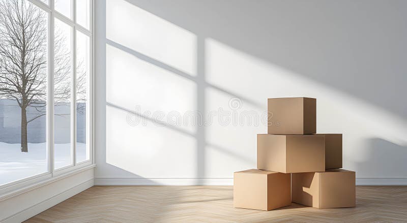 A Stack of Cardboard Boxes with Things To Move in a Bright Empty Room ...