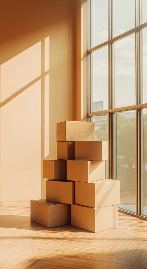 A Stack of Cardboard Boxes with Things To Move in a Bright Empty Room ...