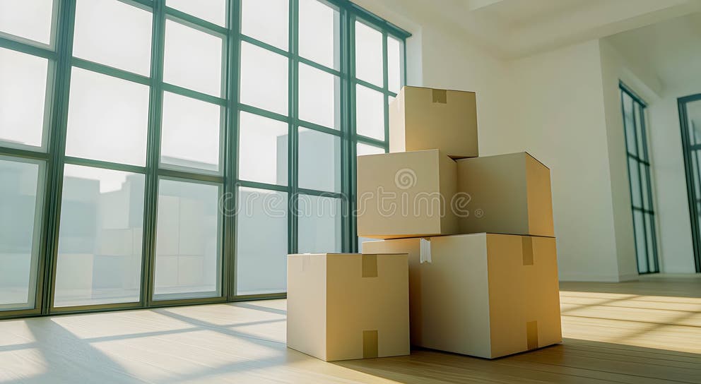 A Stack of Cardboard Boxes with Things To Move in a Bright Empty Room ...