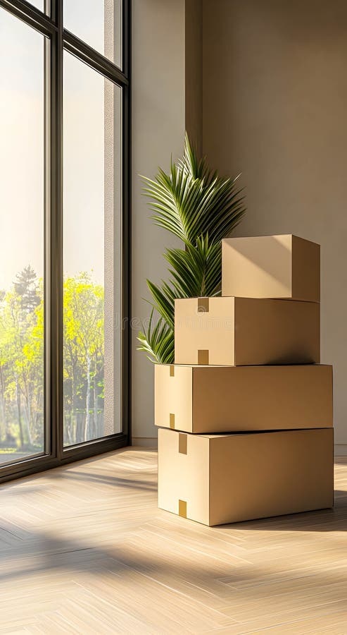 A Stack of Cardboard Boxes with Things To Move in a Bright Empty Room ...
