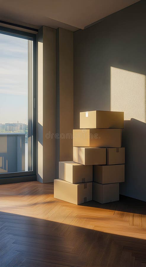 A Stack of Cardboard Boxes with Things To Move in a Bright Empty Room ...