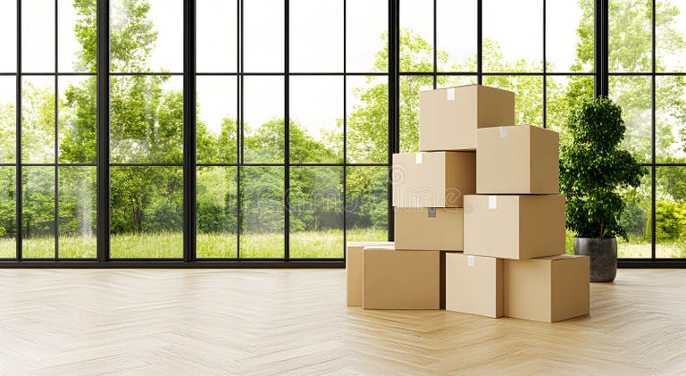 A Stack of Cardboard Boxes with Things To Move in a Bright Empty Room ...