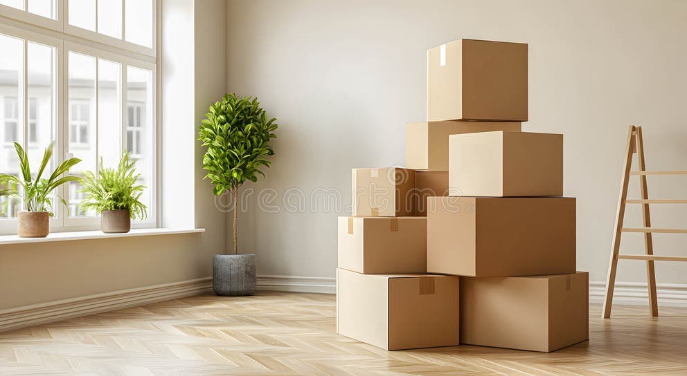 A Stack of Cardboard Boxes with Things To Move in a Bright Empty Room. Large Spacious Room ...