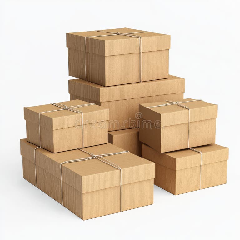 Stack of Cardboard Boxes Tied with String, Isolated on White Background ...
